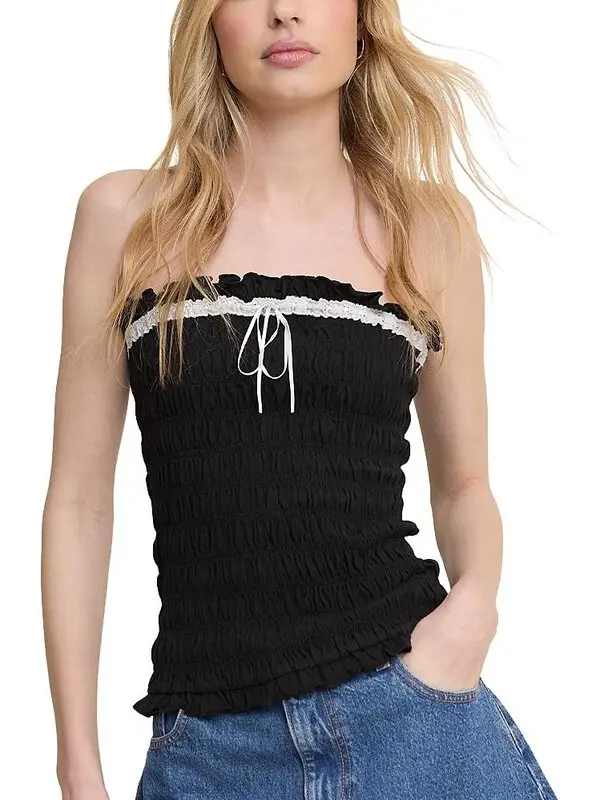 NOBODY'S CHILD Shirred Bandeau Top With Lace Trim - Black