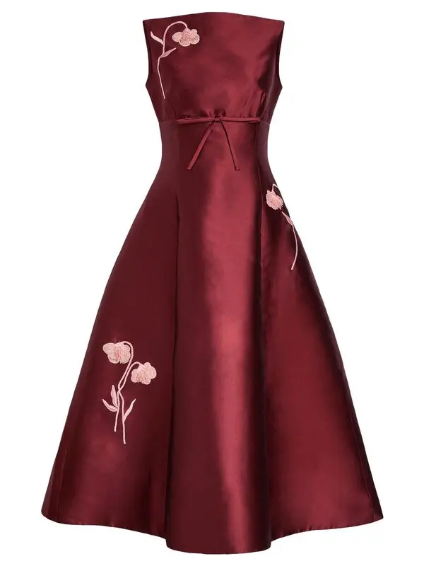 Erdem Floral Embroidered Mikado Satin Midi Dress - Bordeaux