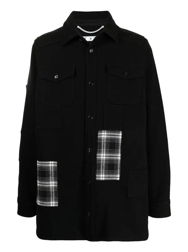 Off-White Logo Print Plaid Patch Pocket Lapel Jacket - Black