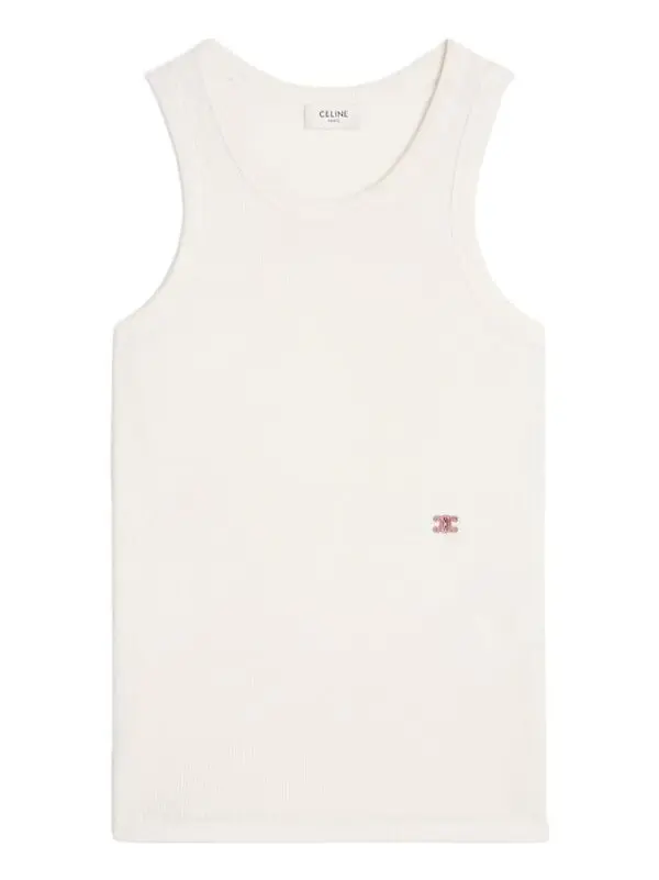 Celine Ribbed Cotton Silk Tank Top With Triomphe Embroidery - Vanilla/red