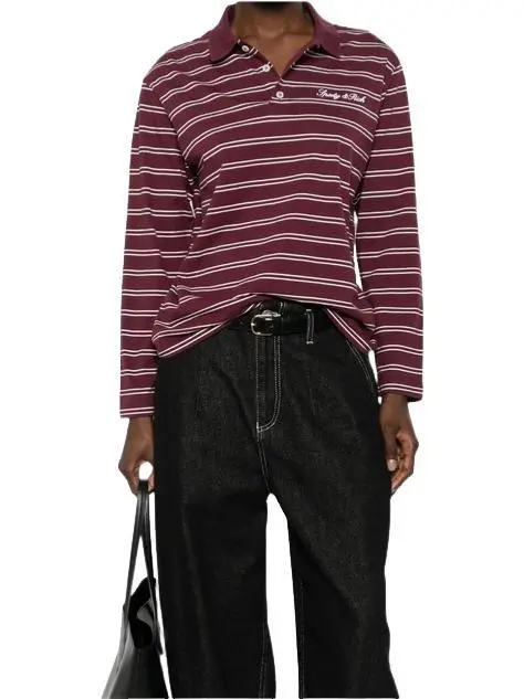 SPORTY  RICH Sporty & Rich Striped Long Sleeve Polo Shirt - Black