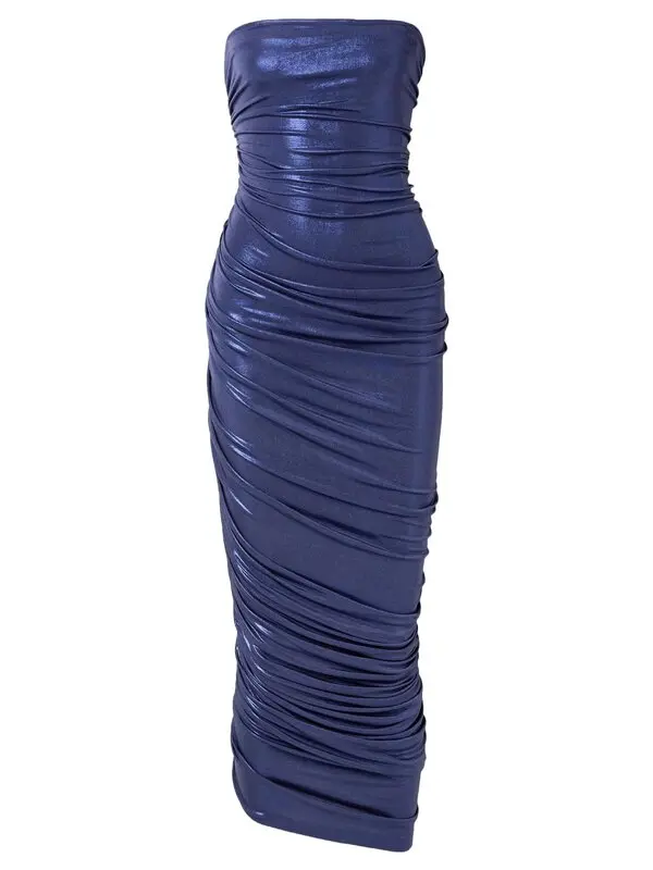 Norma Kamali Diana Strapless Gown With Pleated Design And Asymmetrical Hem - Blue