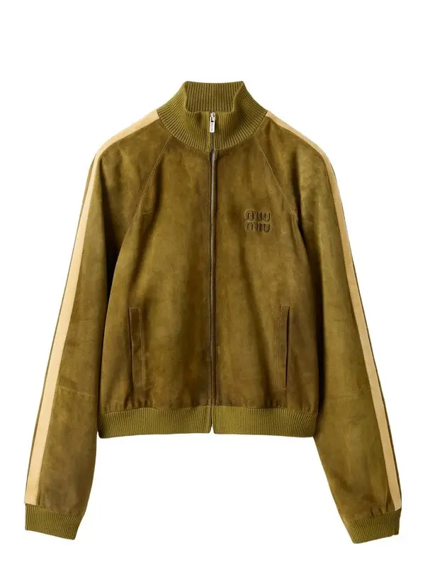 Miu Miu Waxed Suede Zip-up Jacket With Knit Collar And Welt Pockets - Brown