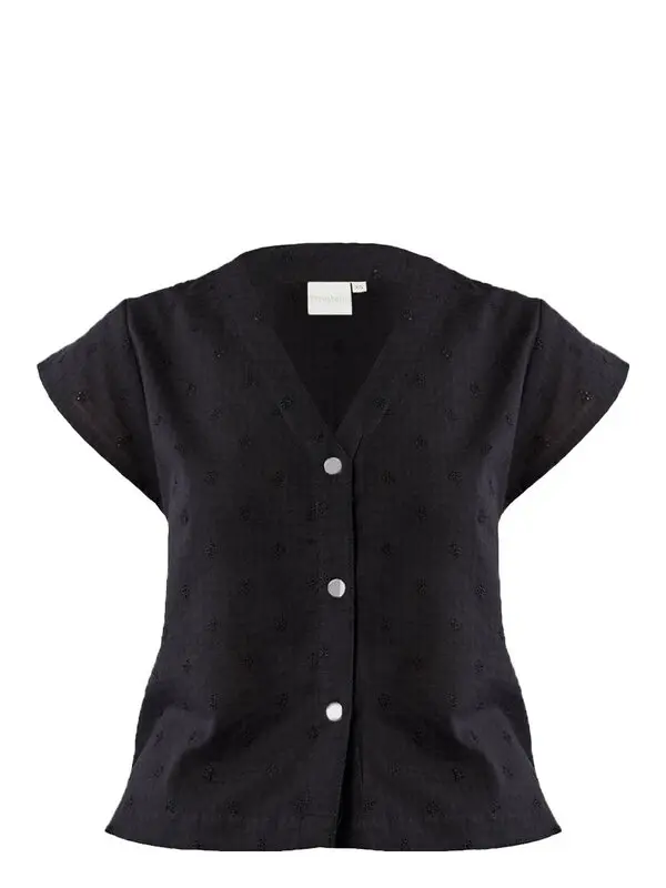 REISTOR V-neck Embroidered Button-up Top - Black
