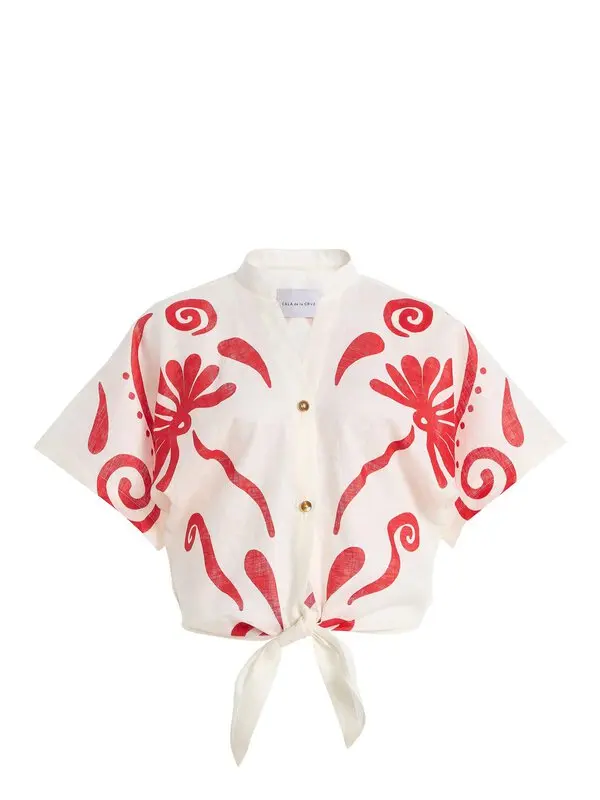 CALA DE LA CRUZ Leroy Linen Printed Top With Front Tie - Red