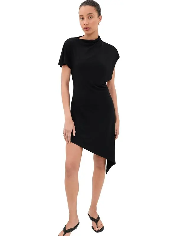 Sandy Liang Asymmetrical Hem Dress With Cowl Neck And Back Cutout - Black