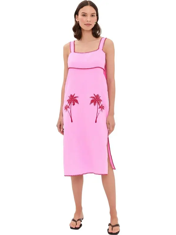 English Factory Tropical Embroidered Midi Dress With Contrast Whipstitch Trim - Pink/red