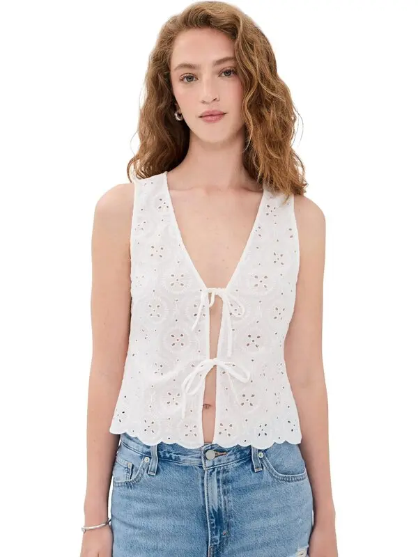 Onia Tie Front Embroidered Eyelet Tank Top - White