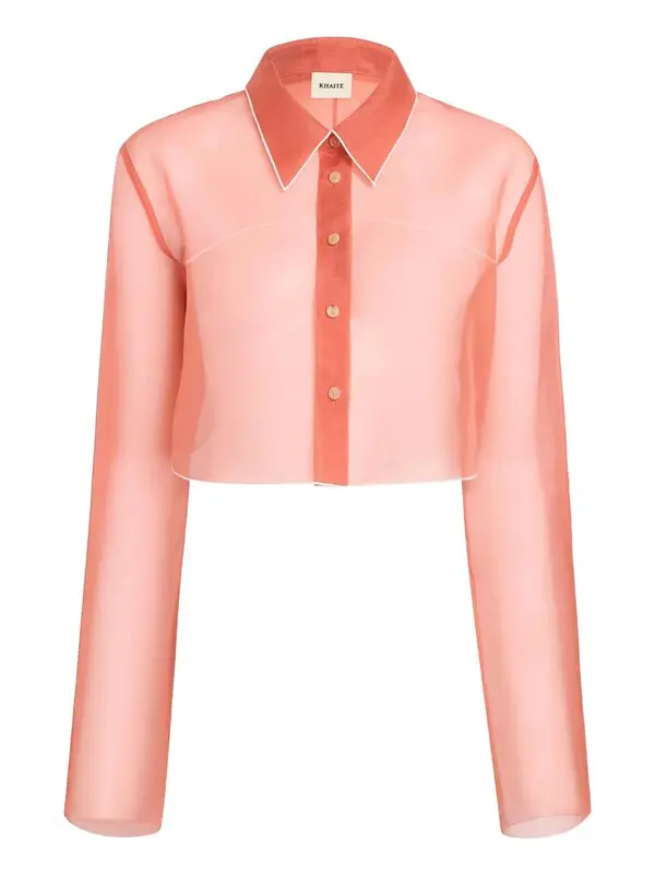 Khaite Fritz Top Sheer Organza Shirt With Lapel Collar - Dahlia