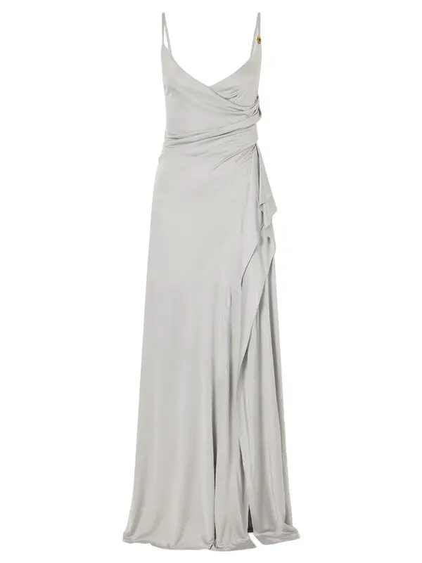 Versace Draped Jersey Gown With Medusa Embellishment - Silver