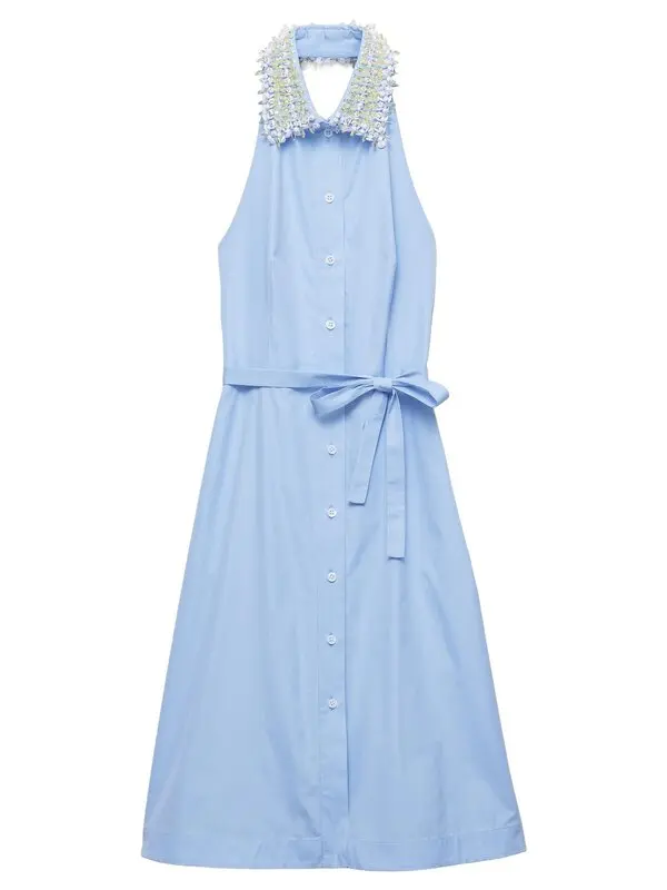 Prada Embroidered Halterneck Shirt Dress - Light Blue