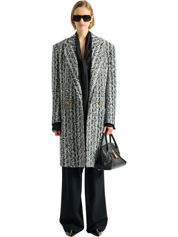 Balmain Long Two-tone Tweed Coat - Black