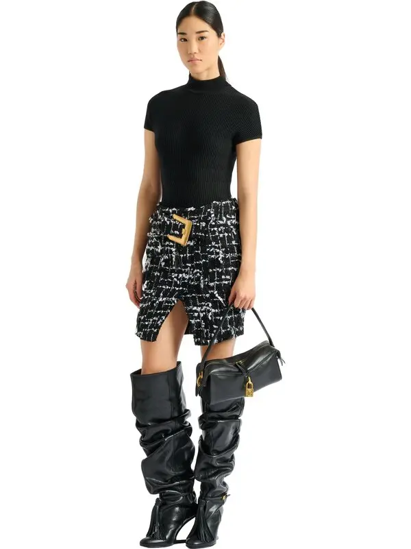 Balmain Belted Fringed Tweed Mini Skirt - Black
