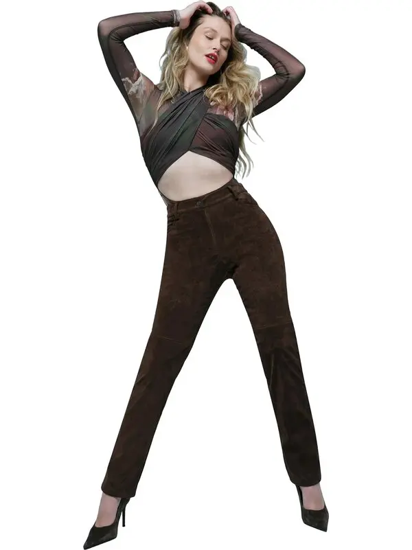 Bardot Nia Vegan Suede Straight Leg Trousers - Dark Choco