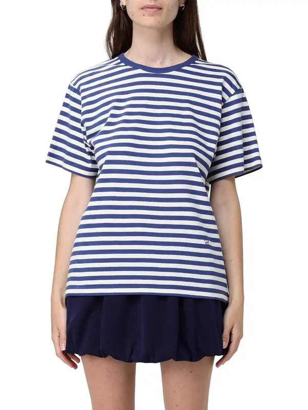 DUNST Striped Cotton Crewneck T-shirt With Dropped Shoulders - Blue