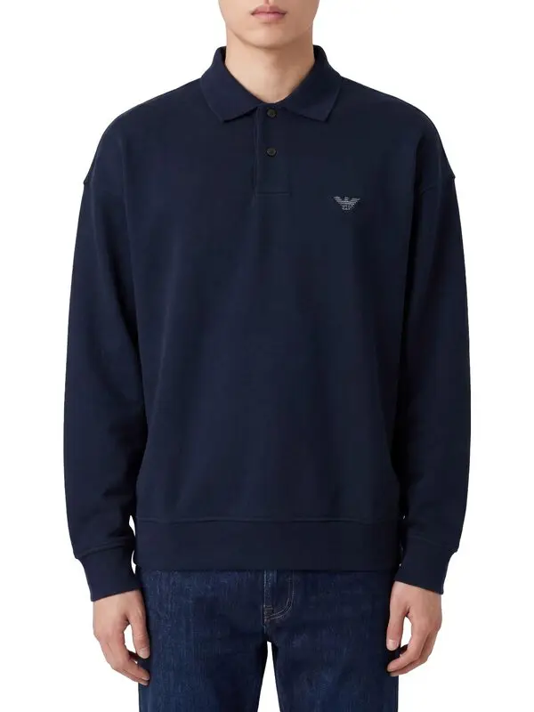 Emporio Armani Long-sleeved Cotton Polo Shirt With Embroidered Eagle Logo - Blue