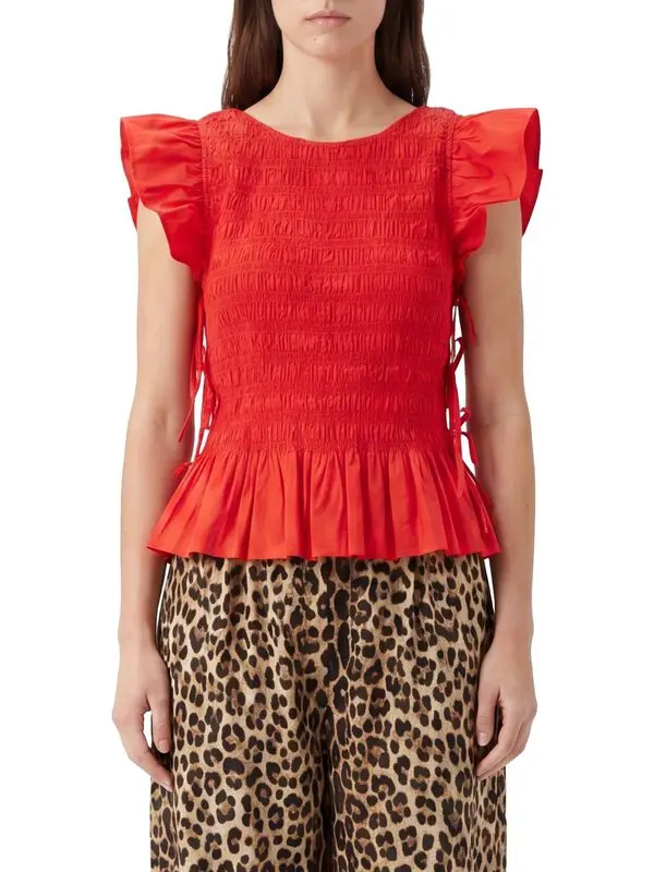 GANNI Sleeveless Ruched Stretch Cotton Top - Red