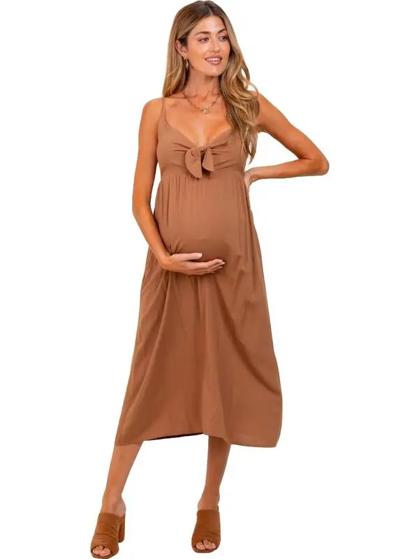 PINKBLUSH Front Tie Sleeveless Midi Dress - Camel