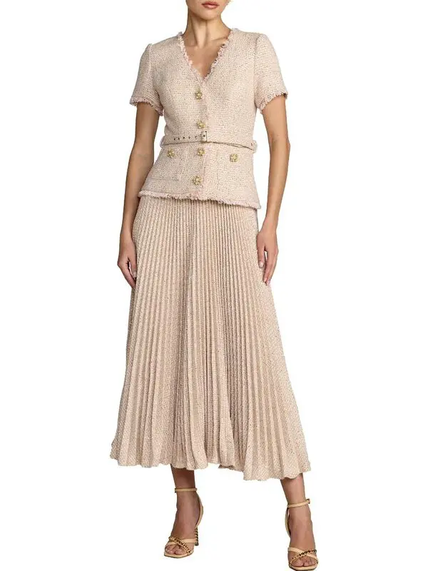 Mac Duggal Bouclé Pleated Midi Dress - Blush