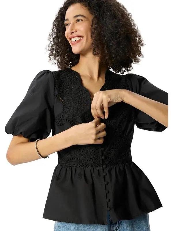 Whistles Broderie V-neck Peplum Blouse - Black