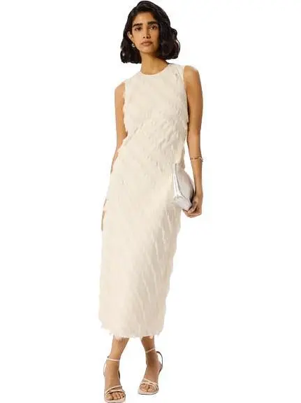 Whistles Fringe Textured Midi Dress - Ivory