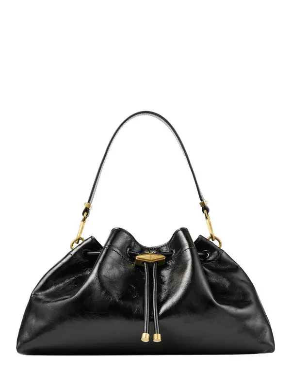 JIMMY CHOO Cinch Medium Soft Shiny Biker Leather Shoulder Bag - Black