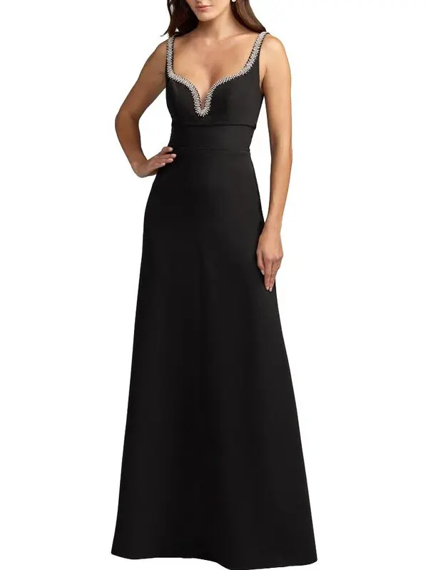 Mac Duggal Petite Sleeveless Crepe A-line Gown With Rhinestone Trim - Black