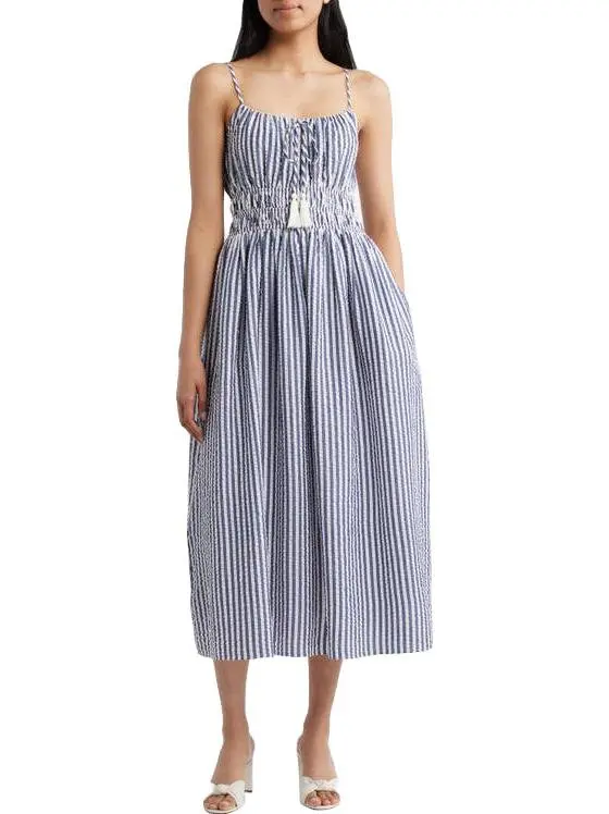 Julia Jordan Seersucker Stripe Dress With Tasseled Tie - Navy Multi