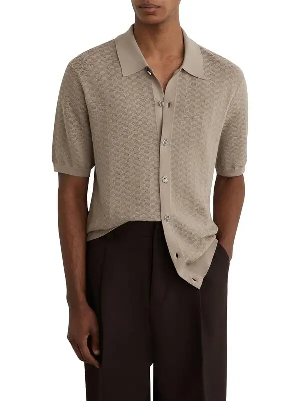 REISS Phoenix Chevron Knit Wool Full Button Cardigan - Taupe Brown