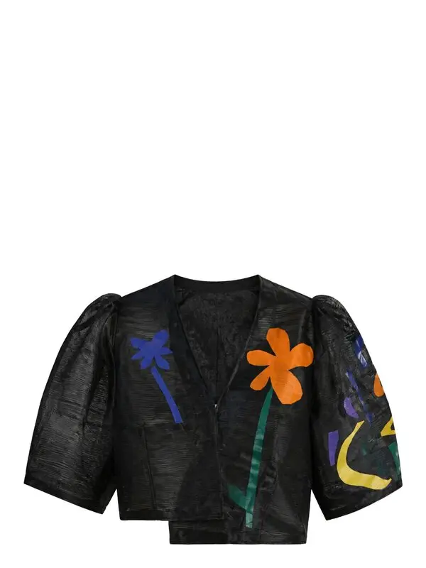 Miro Misljen Silk Printed Bolero With Puff Sleeves - Black