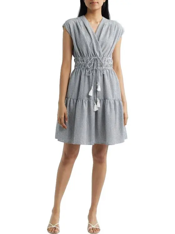 Julia Jordan Tiered Stripe Seersucker V-neck Dress - Navy Multi