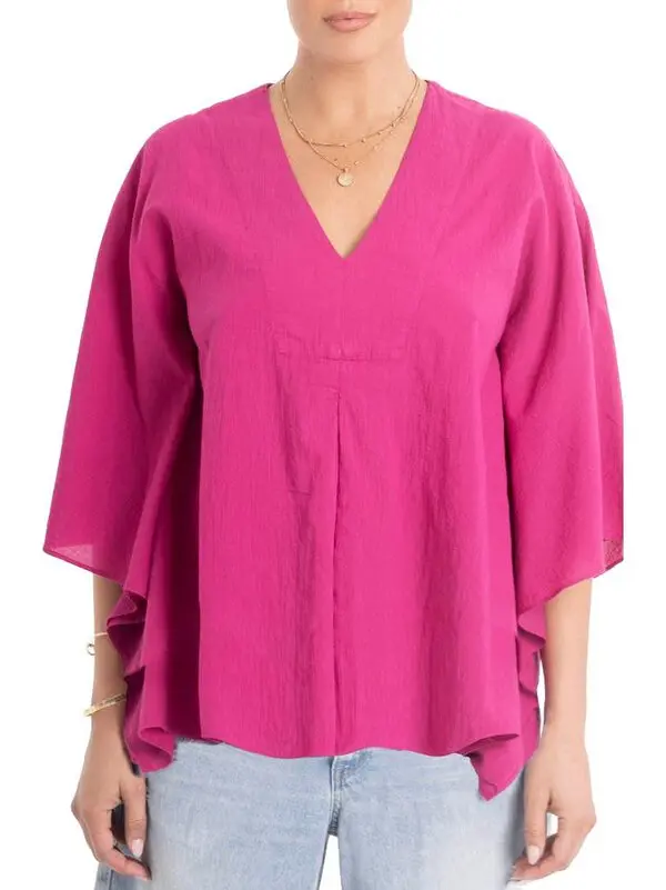 OCEAN+MAIN Butterfly Sleeve V-neck Cotton Caftan Top - Fuchsia