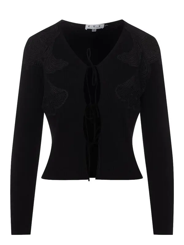 E.U.X. EXCLUSIVE Knit Lace Cardigan With Bow Tie Detail - Black