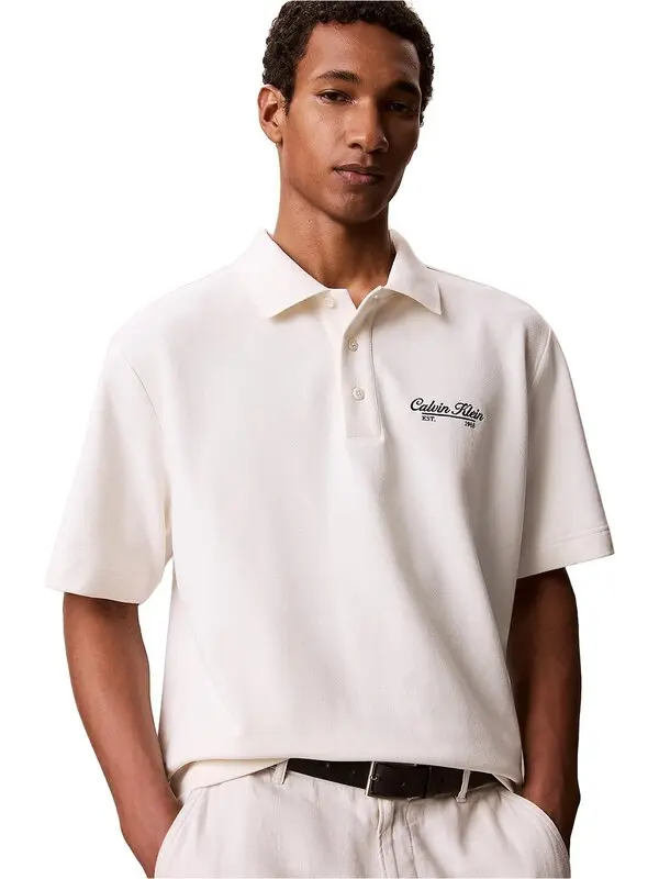 Calvin Klein Script Logo Graphic Pique Relaxed Polo Shirt - Tofu