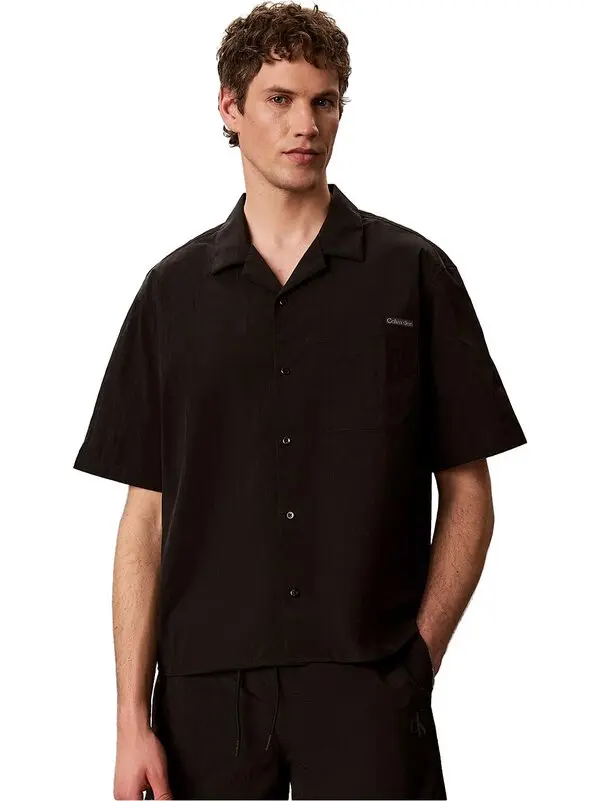 Calvin Klein Nylon Camp Collar Relaxed Shirt - Black