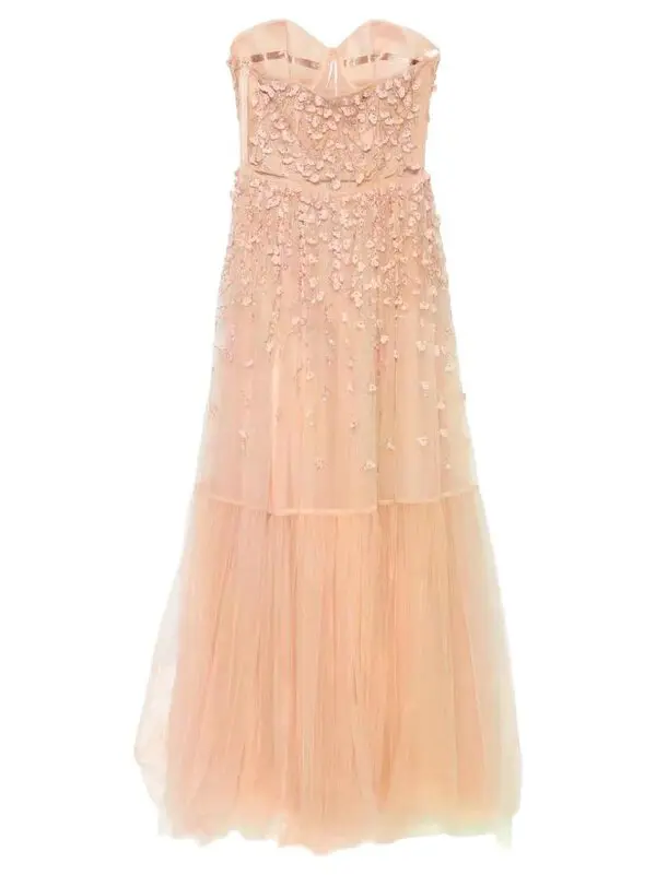 Elisabetta Franchi Floral Appliqué Tulle Maxi Dress - Pink