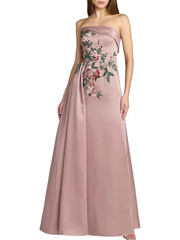 Mac Duggal Strapless Embellished Floral Gown - Mocha