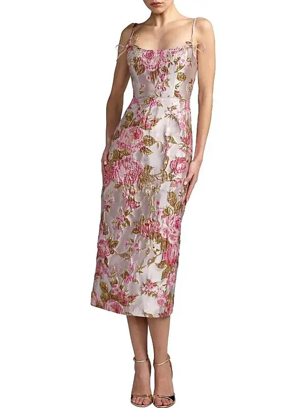 Mac Duggal Floral Brocade Midi Dress With Bow Tie Straps - Pink Multi