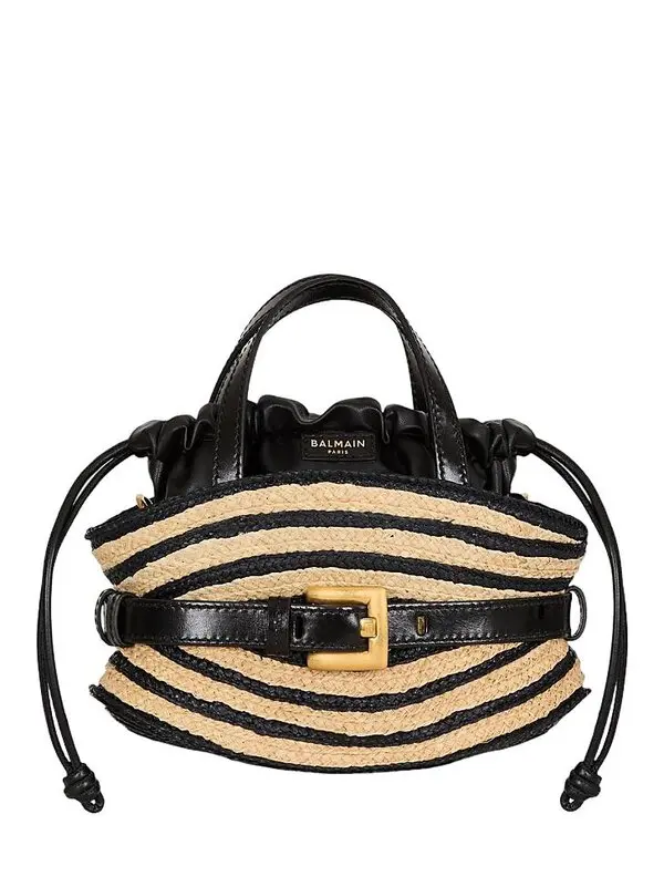 Balmain Mini Shuffle Bag In Smooth Leather And Raffia - Beige