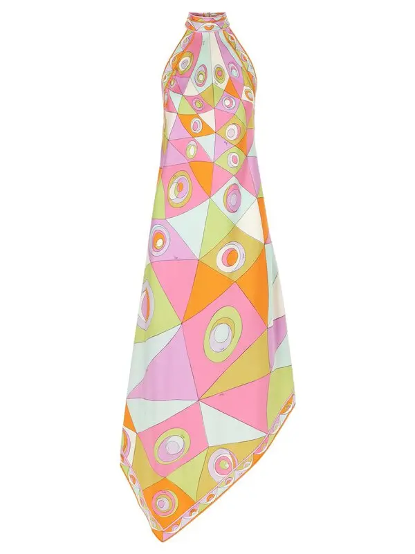 Emilio Pucci Asymmetric Printed Silk-twill Halterneck Dress - Multi