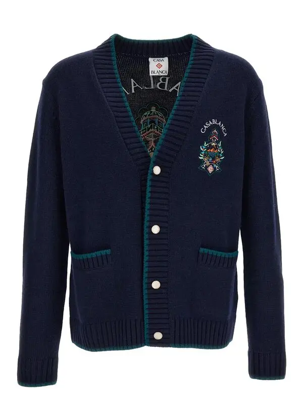 Casablanca Hotel Cardigan V-neck Knit With Embroidered Appliqu - Blu