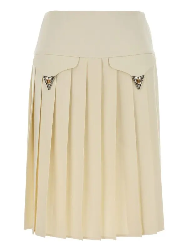 Versace Ivory Stretch Wool Pleated Midi Skirt - White
