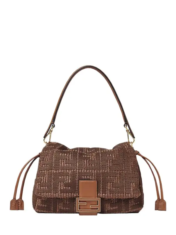 Fendi Medium Baguette Bag In Woven Raffia With Ff Sellier Embroidery - Brown