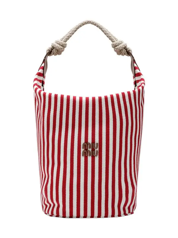 Miu Miu Striped Canvas Bag With Embroidered Logo - Red
