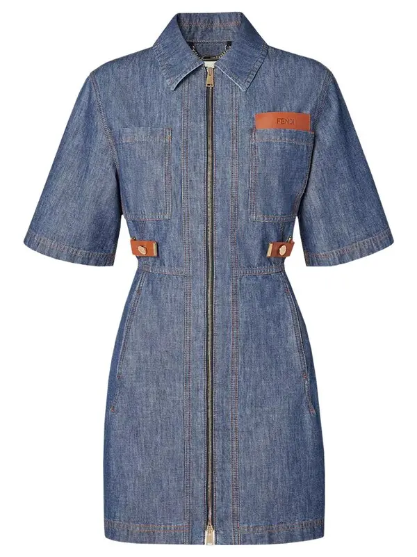 Fendi Short Sleeve Chambray Denim Dress - Blue