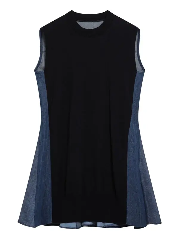 Sacai Paneled Knit And Denim Dress - Blue