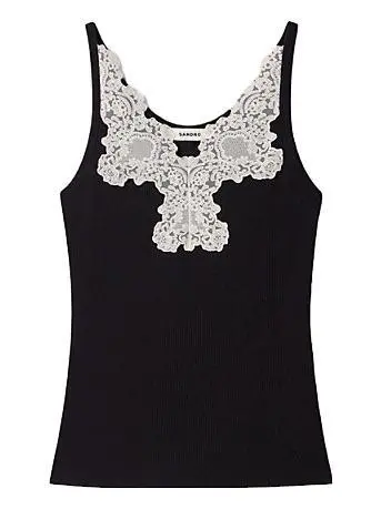Sandro Ribbed Lace-embroidered Stretch-cotton Vest - Black