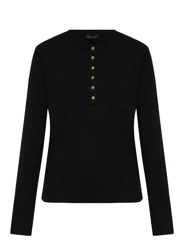 ANINE BING Alessia Half-button Ribbed T-shirt - Black