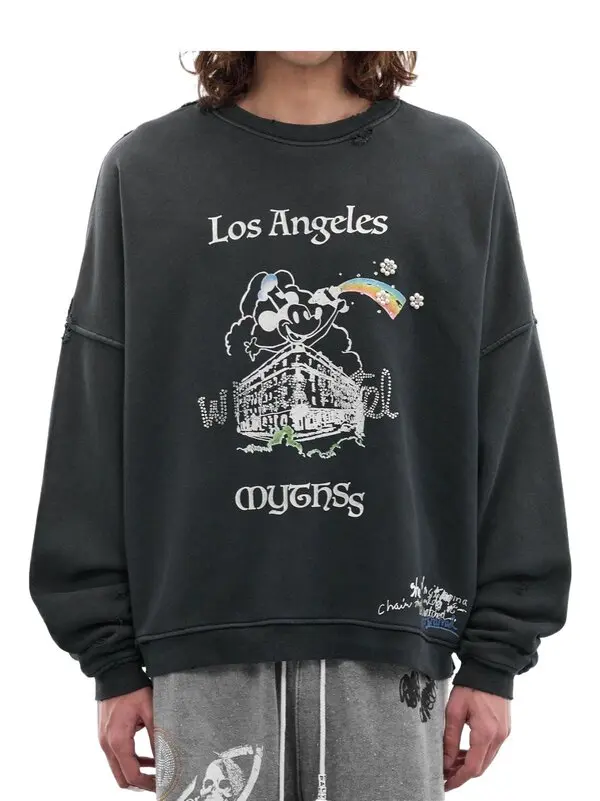 PALY HOLLYWOOD Crew Neck Sweatshirt With Distressed Effect And Rhinestone Embellishments - Black