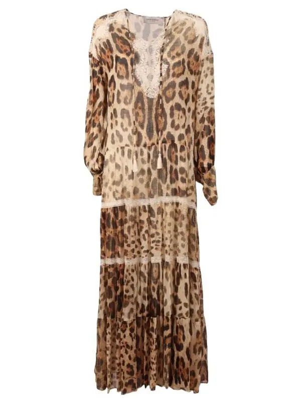 Ermanno Scervino Long Sleeve Leopard-print Lace-trimmed Maxi Dress - Brown